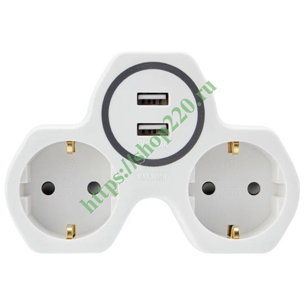 Двойник электрический Rexant 16 А с заземлением и защитными шторками + 2 USB порта, 2,4 А, белый ...